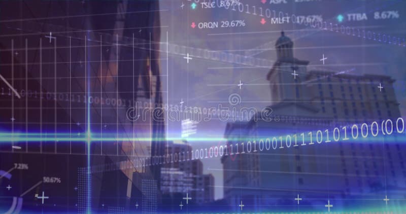 Animation of Financial Data, Binary Code and Graphs Over City Buildings Stock Footage - Video of ...