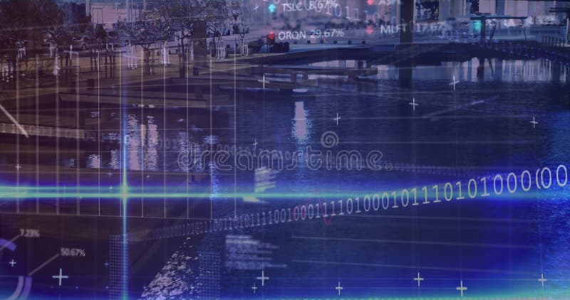 Animation of Financial Data, Binary Code and Graphs Over City Buildings ...