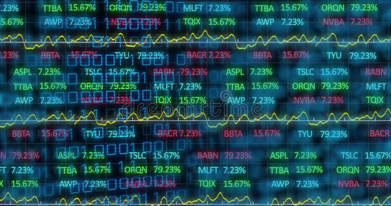 Animation of Financial Data Over Binary Code on Black Background Stock ...