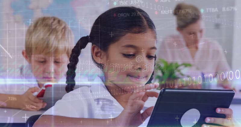 Animation of Colorful Icons Over Diverse Schoolchildren and Teacher ...