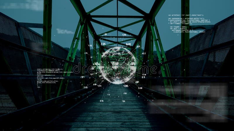 Animation of Financial Data Processing and Globe Over Bridge Stock ...