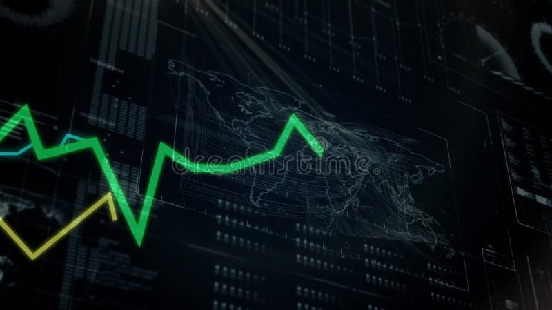 Animation of Financial Data Processing with Globe and World Map on Black Background Stock ...