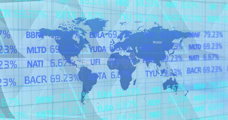 Animation of Financial Data Processing Over Blue World Map Stock ...