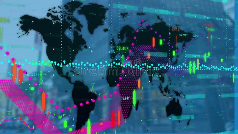 Animation of Financial Data Processing Over World Map and Building Stock Video - Video of video ...