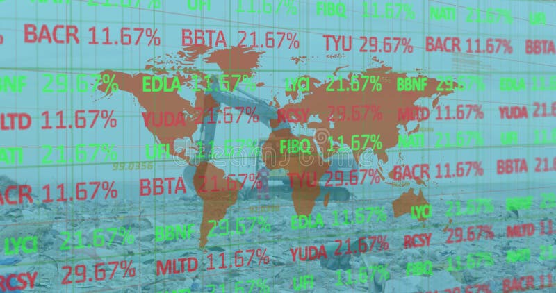 Animation of Financial Data Processing with a World Map Over a Garbage ...