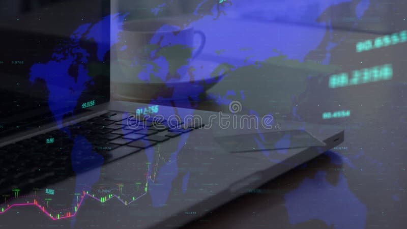Animation of Financial Data Processing and World Map Over Laptop Stock Footage - Video of ...