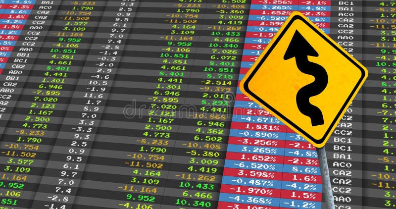 Animation of Financial Data Processing and Yellow Road Sign with Arrow ...