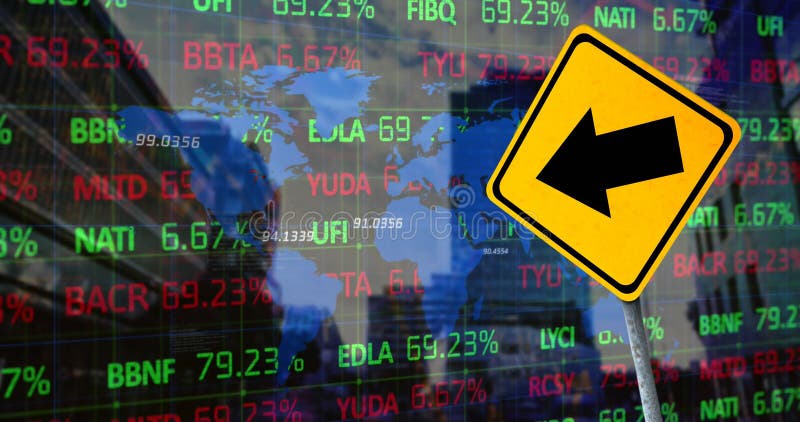 Animation of Financial Data Processing and Yellow Road Sign with Arrow ...