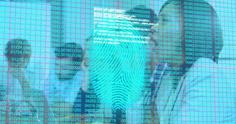 Animation of Fingerprint and Binary Code Overlaying Professionals Working in Technology Stock ...