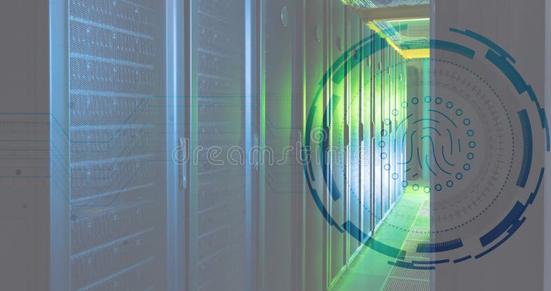 Animation of Fingerprint in Loading Circles Over Data Server Racks in Server Room Stock Footage ...