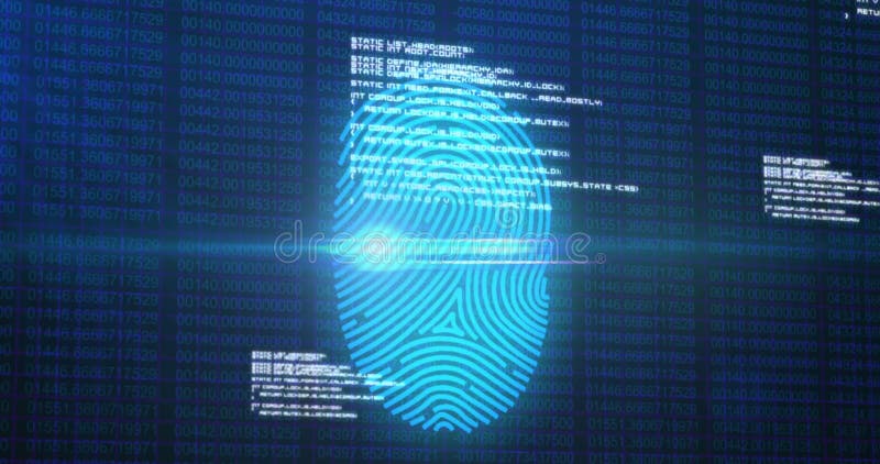 Animation of Fingerprint Scanning with Lens Flare and Computer Language Over Blurred Binary ...