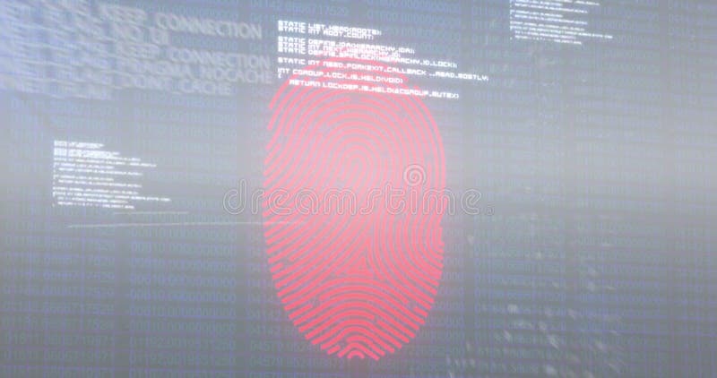 Animation of Fingerprint Scanning and Programming Language Moving Over Blurred Binary Codes ...