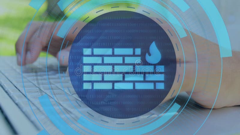 Animation of Firewall in Circles Over Hands of Caucasian Man Typing on ...