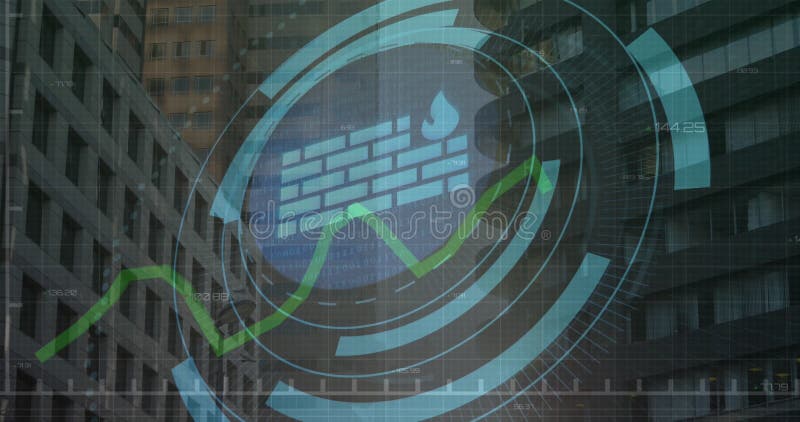 Animation of Firewall Icon in Loading Circles, Graphs and Changing ...