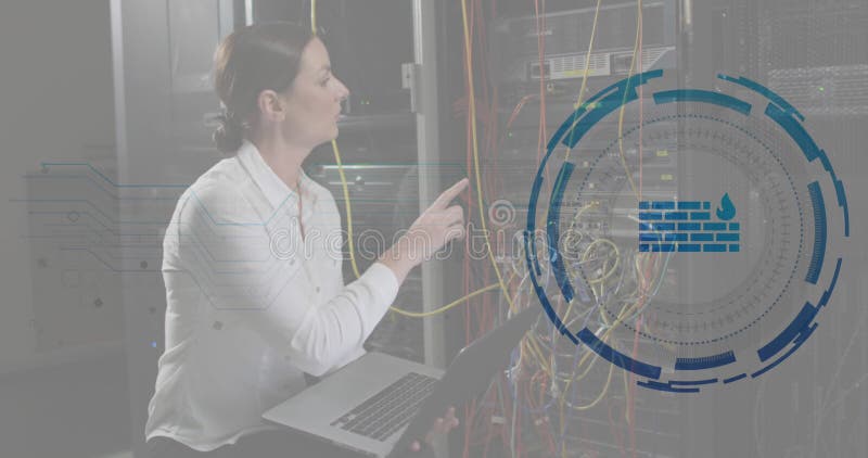 Animation of Firewall in Loading Circles, Caucasian Female Engineer ...