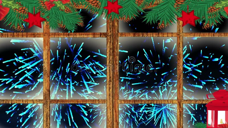Animation of Fireworks Exploding Seen through Window with Christmas ...