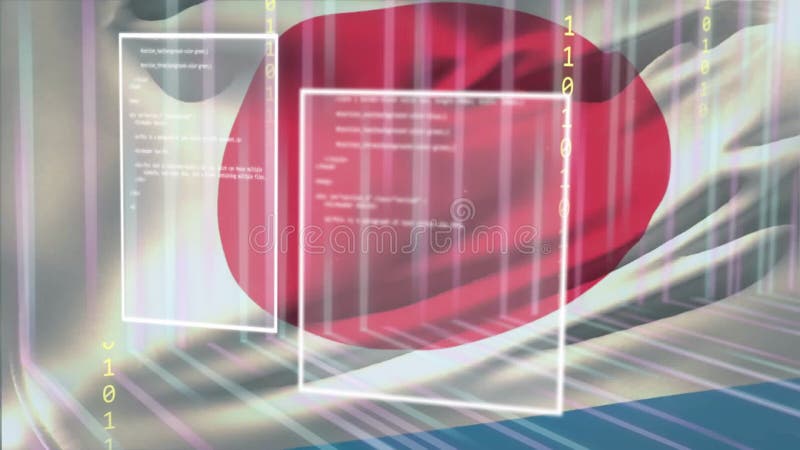 Animation of Flag of Japan Over Digital Data Processing on Screens ...