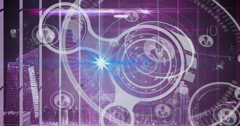 Animation of Flare, Digital Circles with Globe, Profile Icons and ... Animation of Flare, Digital Circles with Globe, Profile Icons and ...