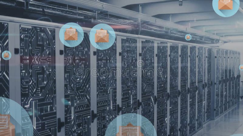 Animation of Floating Email Icons Over Computer Servers Processing Data ...