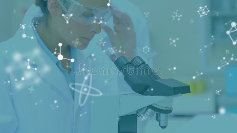 Animation of Floating Molecules Over Caucasian Female Scientist Looking ...