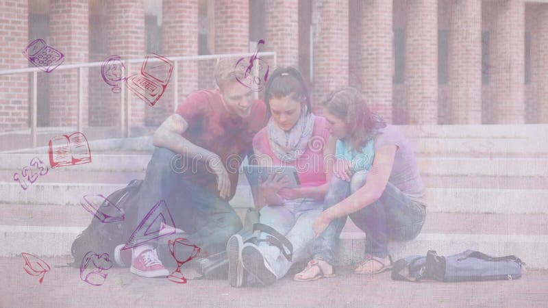 Multiple School Concept Icons Against College Students Using Digital ...