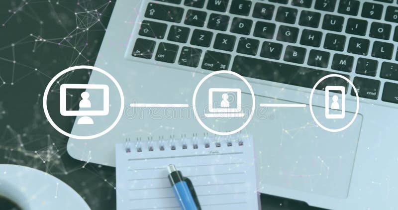 Animation of Flow Chart of Icon and Connected Dots Over Laptop, Notepad ...