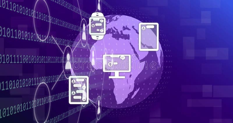 Animation Of Flowchart Application Icons Binary Codes And Rotating Globe Over Abstract