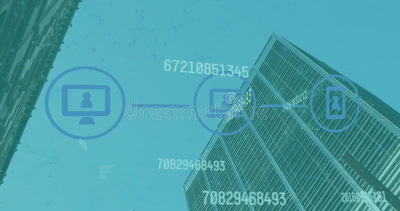 Animation of Flowchart and Changing Numbers Over Low Angle View of ...