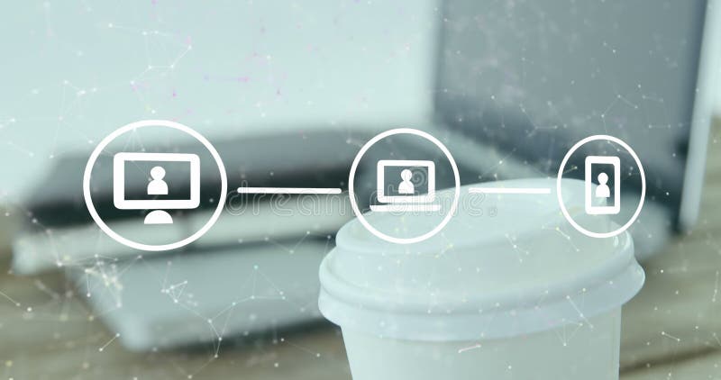 Animation of Flowchart of Icons and Connected Dots Over Coffee Cup and ...