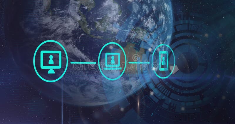 Animation of Flowchart of Icons with Loading Circles Over Globe Against ... Animation of Flowchart of Icons with Loading Circles Over Globe Against ...