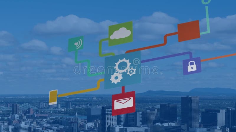 Animation of Flowchart of Icons Over Aerial View of City Against Cloudy ...