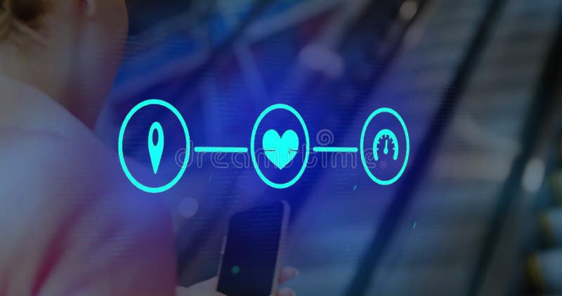 Animation of Flowchart of Icons Over Caucasian Woman Scrolling on ...