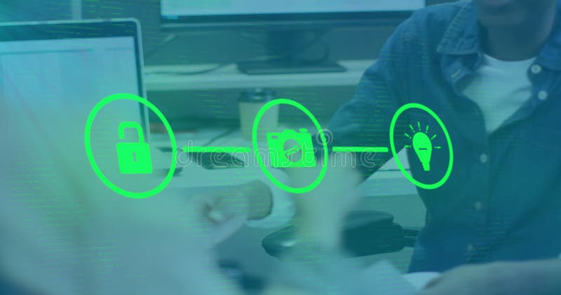 Animation of Flowchart of Icons Over Diverse Coworkers Shaking Hands in ...