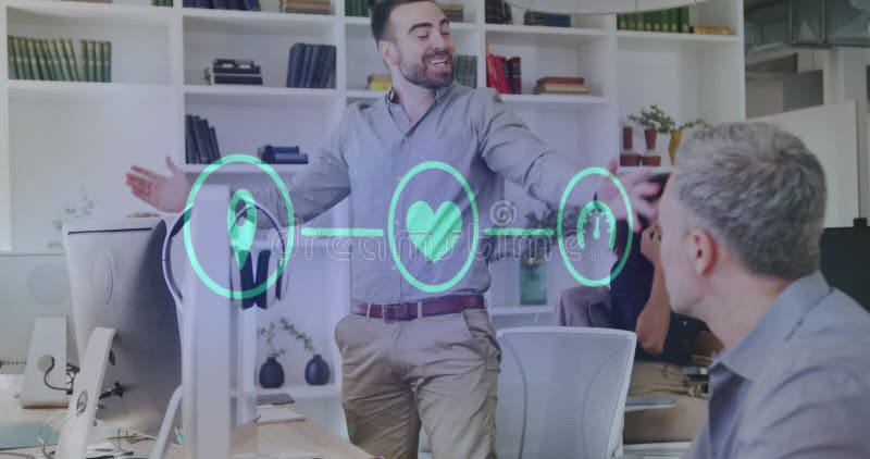 Animation of Flowchart of Icons Over Happy Caucasian Man Clapping Hands ...