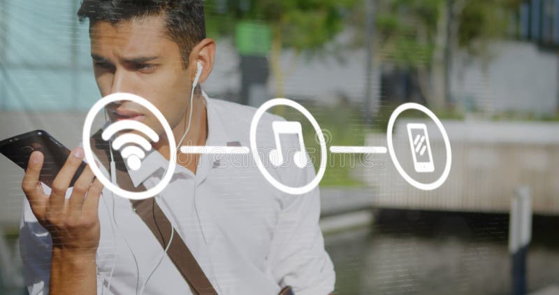 Animation of Flowchart Over Biracial Man Wearing Headphone and Using ...