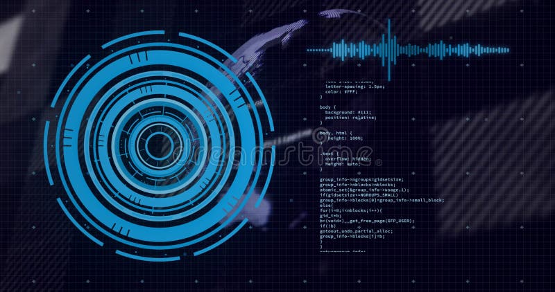 Animation of Futuristic Digital Interface with Circular Patterns and Coding on Grid Stock Video ...