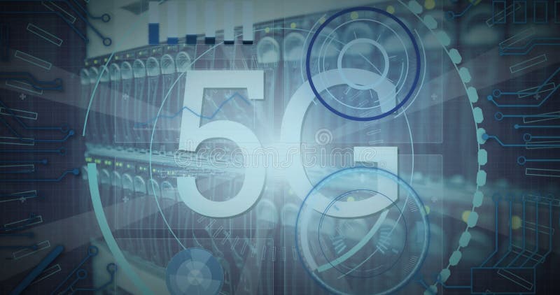 Animation of 5g Text Banner and Round Scanners Over Close Up of a ... Animation of 5g Text Banner and Round Scanners Over Close Up of a ...