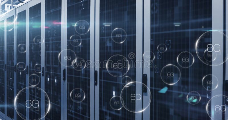 Animation of 6g Text Banners Floating and Light Spot Against Computer ...