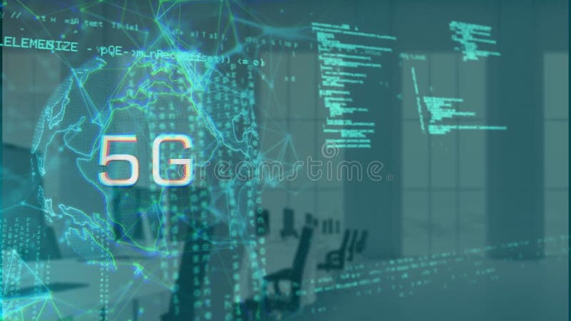 Animation of 5g Text on Globe, Connected Dots, Computer Language Over ...