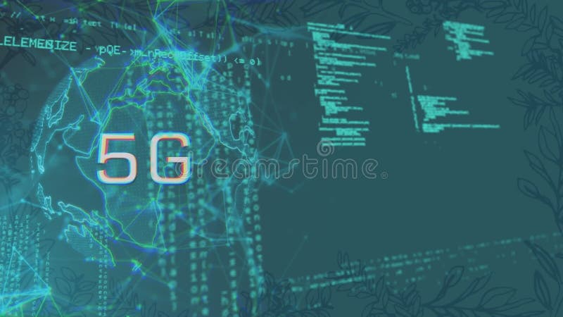 Animation of 5g Text with Rotating Globe, Programming Language and Dots Connecting with Lines ...