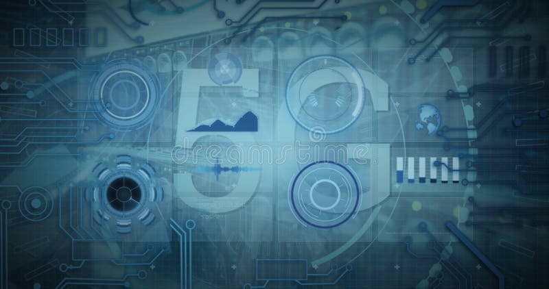 Animation of 5g Text, Round Scanners and Data Processing Over Close Up ... Animation of 5g Text, Round Scanners and Data Processing Over Close Up ...
