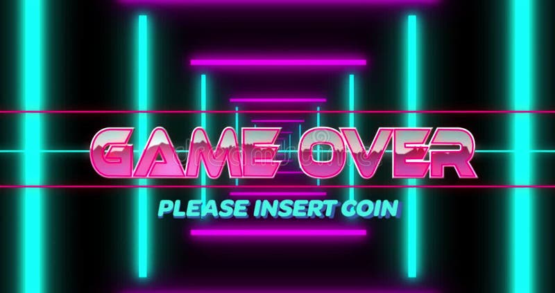 Animation of Game Over Text, Please Insert Coin Text Over Illuminated Lopping Square Tunnel ...