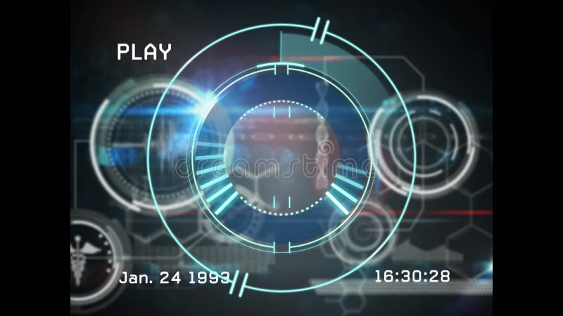 Animation of Glitch Effect on Hud Processing with Play Button, Date and ...