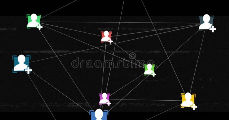Animation of Glitch Effect Over Network of Profile Icons Against Black ...