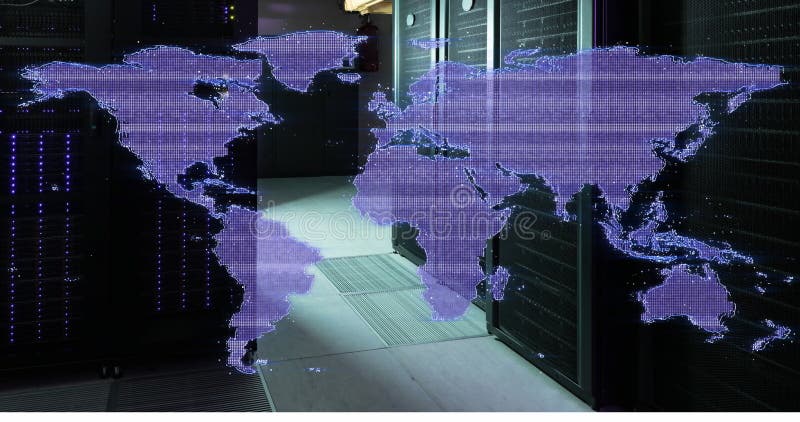 Animation of Glitch Effect Over World Map Against Computer Server Room ...