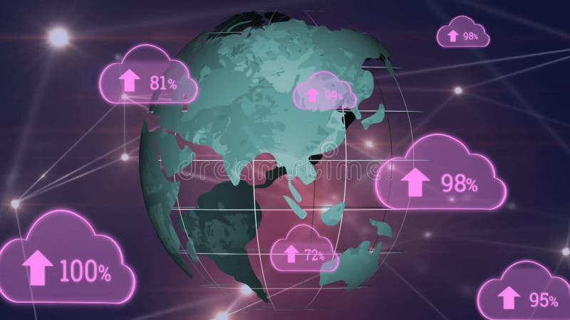 Animation of Global Map with Pink Cloud Icons Displaying Data Upload ...