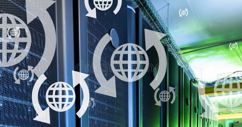 Animation of Globe with Arrows Icons Moving Over Data Server Racks ...