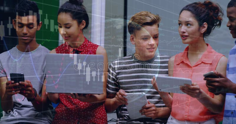 Animation of Globe and Candlestick Graph Over Multiracial Teenagers ...
