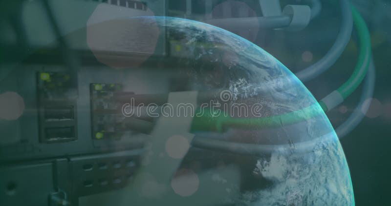 Animation of Globe and Circles Moving Over Back Panel of Server Racks ...