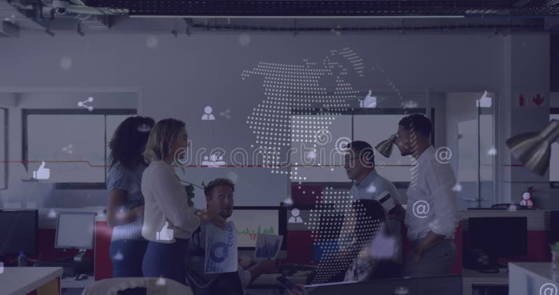 Animation of Globe and Communication Icons Over Diverse Colleagues ...